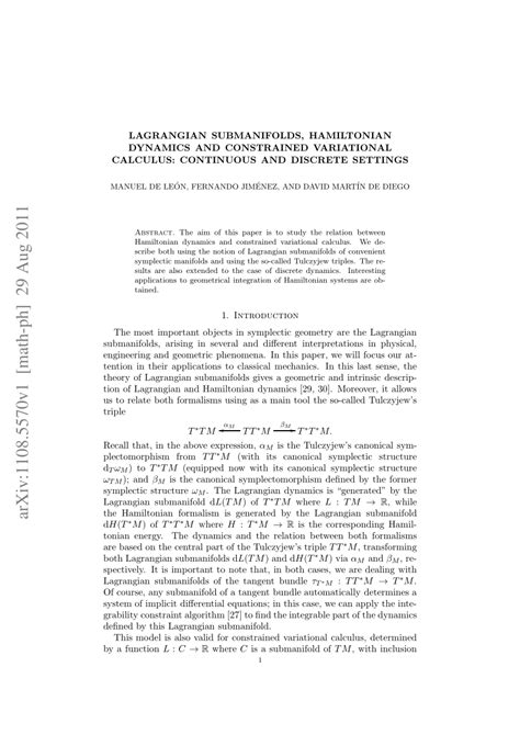 Pdf Hamiltonian Dynamics And Constrained Variational Calculus Continuous And Discrete Settings