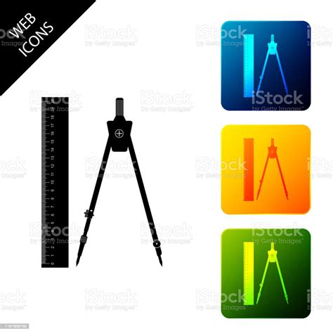 눈금자 및 드로잉 나침반 아이콘이 격리되었습니다 전문 악기를 그리기 기하학적 장비 교육 표지판 설정 아이콘 다채로운 사각형 버튼 벡터 일러스트레이션 각도에 대한 스톡 벡터