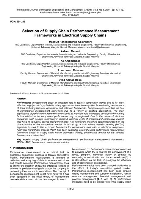 Pdf Selection Of Supply Chain Performance Measurement Frameworks In Electrical Supply Chains