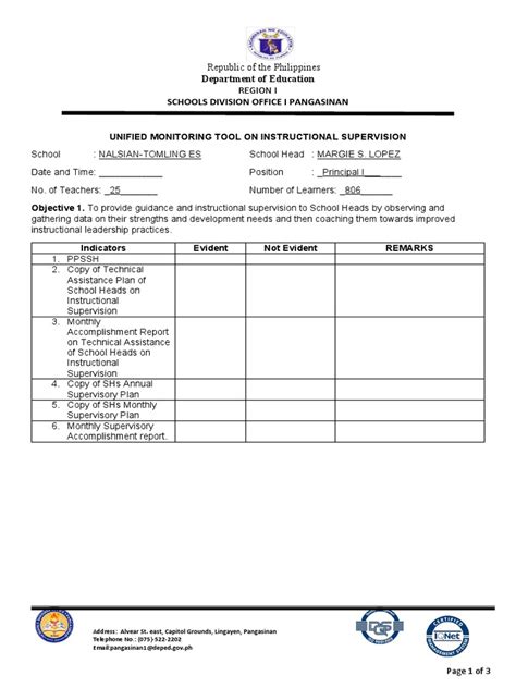 Monitoring Tool On Instructional Supervision Recovered Pdf Learning Communication