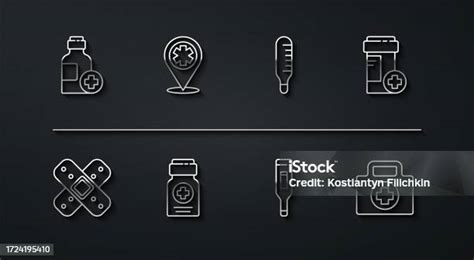 약 시럽 병 교차 붕대 석고 약병 의료용 디지털 온도계 교차 병원이 있는 지도 포인터 구급 상자 및 아이콘을 설정합니다 벡터 0명에 대한 스톡 벡터 아트 및 기타 이미지