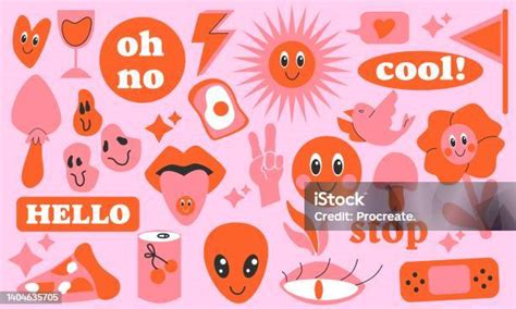 다른 만화 아이콘 스티커의 큰 세트 이모티콘 식물 물체 및 비문 사이키델릭 스타일 평면 디자인 손으로 그린 만화 벡터 일러스트 레이 션 인쇄용 템플릿입니다 소셜 미디어