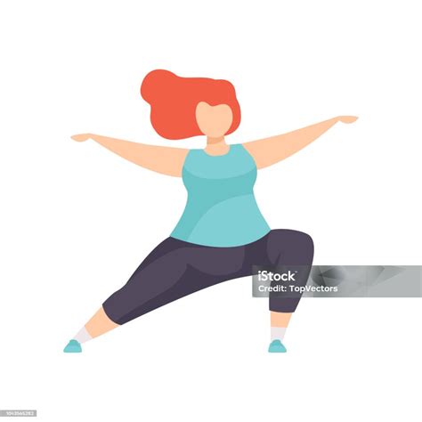 비만 여성 스포츠 피트 니스 운동 체중 감량 프로그램 개념 하 고 유니폼을 입고 영웅 요가 위치에 서 있는 여자는 흰색 바탕에 일러스트 벡터 운동에 대한 스톡 벡터 아트 및