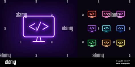 Programming Icon In Outline Neon Glowing Neon Computer With Code Sign