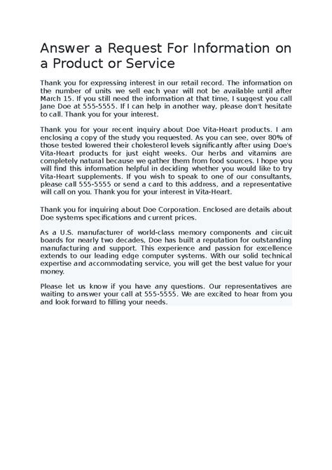 Sample Letter For Enquiry Reply Answer A Request For Information On A Product Or Service Thank