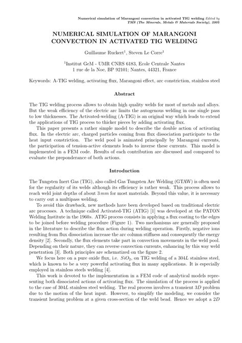 Pdf Numerical Simulation Of Marangoni Convection In Activated Tig Welding