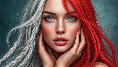 Портрет девушки с веснушками с глазами цвета неба и волосами наполовину красными наполовину