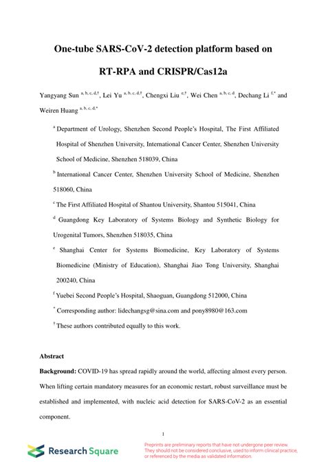 Pdf One Tube Sars Cov 2 Detection Platform Based On Rt Rpa And Crispr