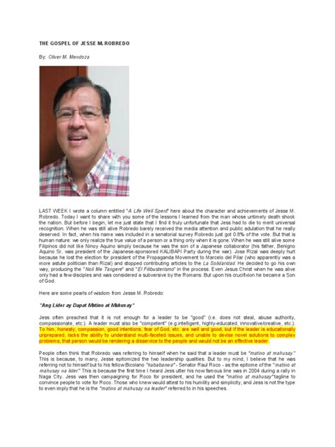 The Gospel Of Jesse M Robredo Ang Lider Ay Dapat Matino At Mahusay