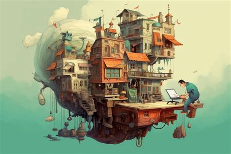 Premium Ai Image There Is A Man Sitting On A Desk In Front Of A House Generative Ai