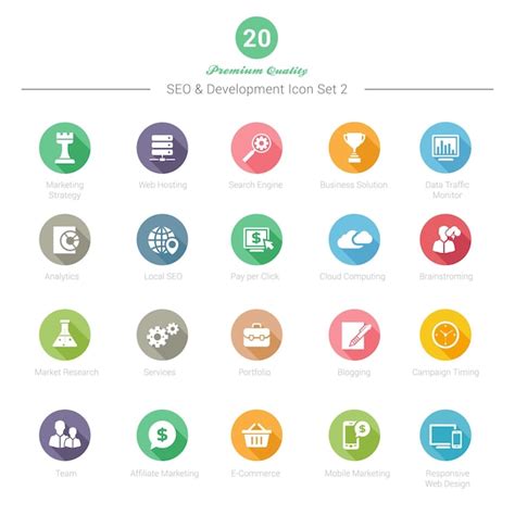 Premium Vector | Set of round long shadow seo and development icons set 2