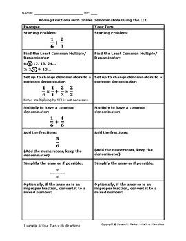 Adding Fractions With Unlike Denominators Using LCD Graphic Organizer