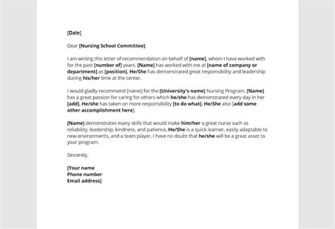 Nursing School Recommendation Letter Template Nursing School Recommendation Letter Nursing