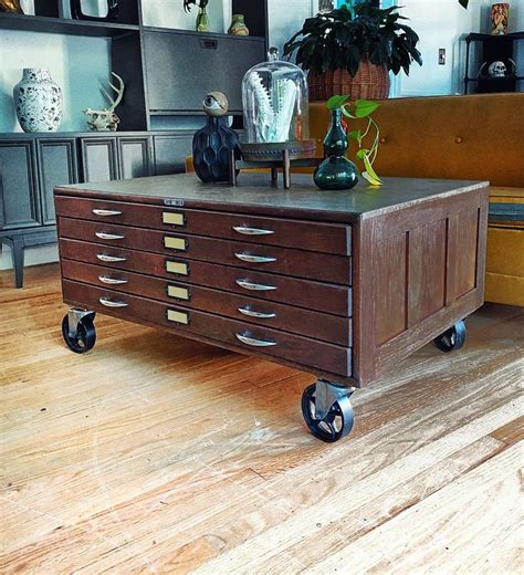Vintage Wood Flat File Cabinet 5 Drawer With Galvanized Top Industrial