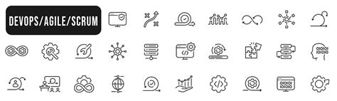 set of devops agile scrum line icons plan process monitor coding