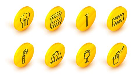 세트 라인 마술사 모자 서커스 불 고리 텐트 생일 파티 경적 티켓 지팡이 패스트 스트리트 푸드 카트 및 리본 아이콘이있는 풍선 벡터 3차원 형태에 대한 스톡 벡터 아트 및