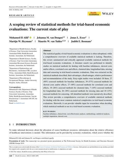 Pdf A Scoping Review Of Statistical Methods For Trial‐based Economic