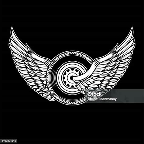 흑백 스타일의 날개 달린 바퀴 라벨 기호 엠블럼용 디자인 요소 벡터 일러스트레이션 Motor Racing Event에 대한 스톡