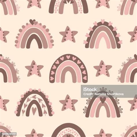 순진한 어린이 스타일의 보헤미안 무지개 패턴 따뜻한 파스텔 색상의 무지개와 매끄러운 패턴 직물 직물 디자인 벽지 포장지 및 기타 인쇄를 위한 그림 0명에 대한 스톡 벡터