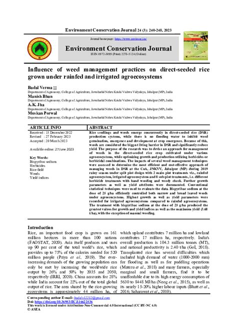 Pdf Influence Of Weed Management Practices On Direct Seeded Rice Grown Under Rainfed And