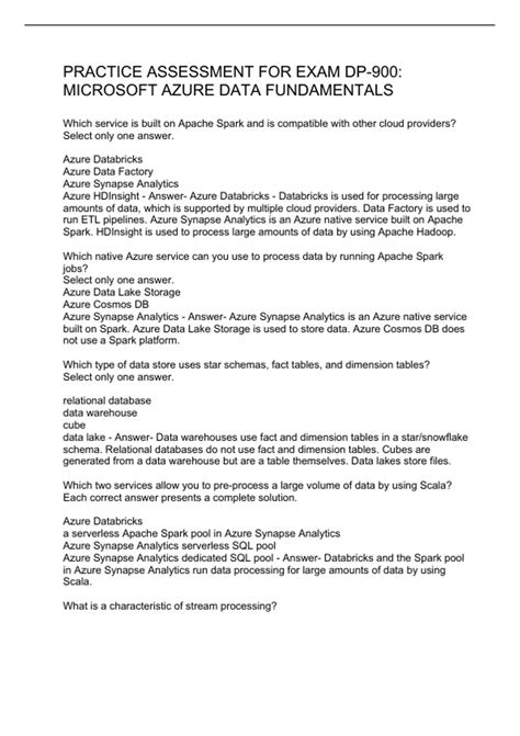 Practice Assessment For Exam Dp 900 Microsoft Azure Data Fundamentals Dp 203 Stuvia Us