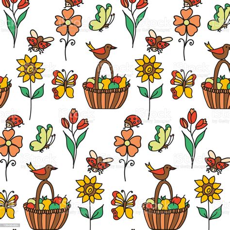 꽃 무당벌레 나비와 간단한 새의 세트 흰색 배경에 격리된 매끄러운 패턴입니다 어린이 배경 화면 또는 포장 종이에 대한 여름 패턴 0명에 대한 스톡 벡터 아트 및 기타 이미지