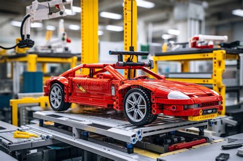 Red Toy Sports Car Model Undergoing Quality Control On Robotic Assembly Line In Factory Stock