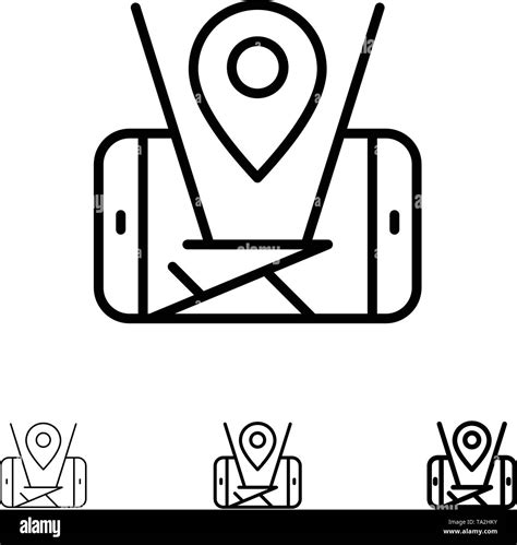 Map Mobile Location Technology Bold And Thin Black Line Icon Set