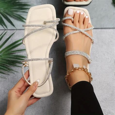 Womens Toe Loop Slide Sandals Stylish Square Toe Temu Canada