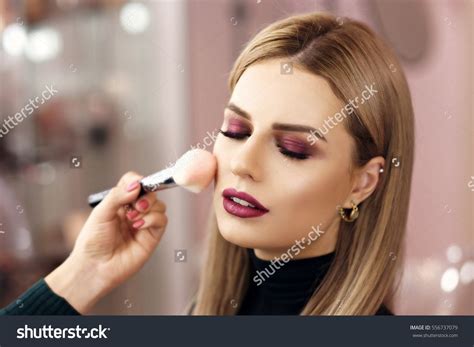 Process Of Making Makeup Make Up Artist Working With Brush On Model