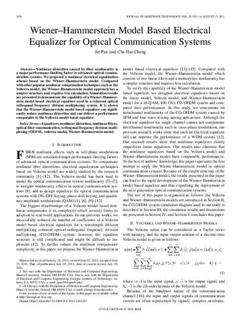 Pdf Wienerhammerstein Model Based Electrical Equalizer For Optical