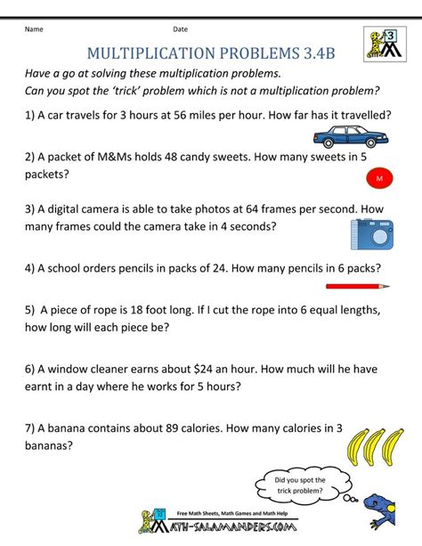 Multiplication Story Problems 6rd Grade Worksheet Word Problem