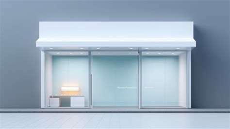 전면에서 볼 수 있는 매끄러운 흰색 알루미늄 및 유리 디자인을 특징으로 하는 상점 전면의 3d 렌더링 윈도우 디스플레이 전시 공간 쇼룸 배경 일러스트 및 사진 무료