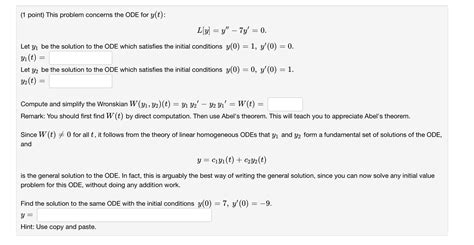 Solved 1 Point This Problem Concerns The ODE For Y T Chegg Com