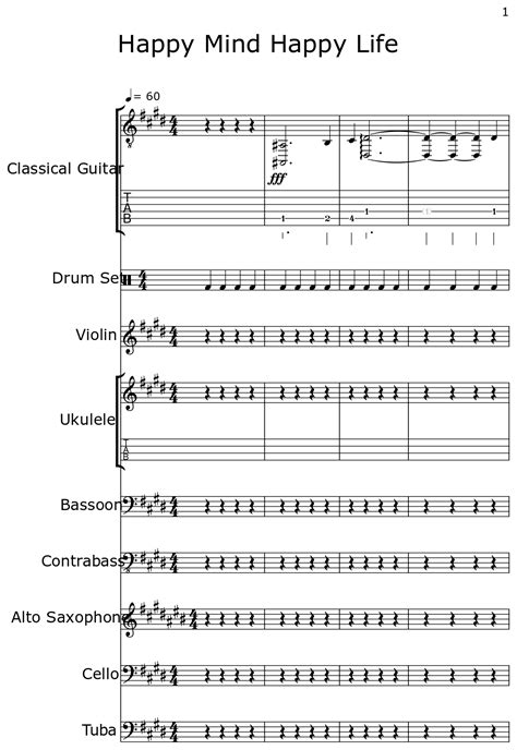 Happy Mind Happy Life Sheet Music For Classical Guitar Drum Set