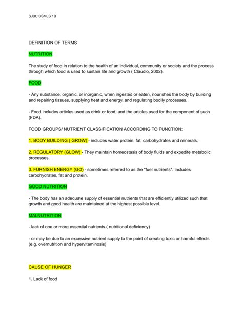 Nutrition Lecture Notes Definitions Nutrients Malnutrition