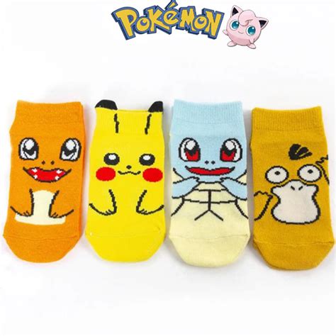 포켓몬 피카츄 코튼 양말 귀여운 애니메이션 피규어 사이덕 만화 캐릭터 모델 프린트 주변 어린이 의류 4 개 세트 Aliexpress