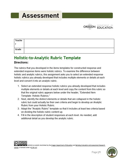 Template For Holistic And Analytic Rubric Pdf Rubric Academic Educational Assessment And