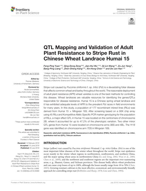 Pdf Qtl Mapping And Validation Of Adult Plant Resistance To Stripe Rust In Chinese Wheat