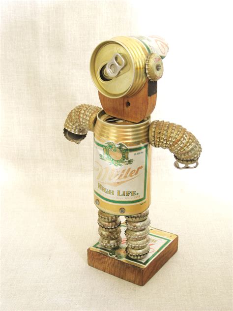 Adult Vintage Folk Art Bottle Cap Robot Man Handmade Primitive Toys Rustic Mid Century