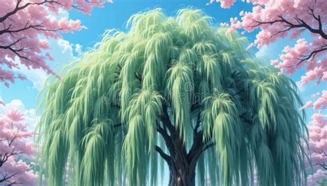 Anime Willow Scene Mint Green Tree Sakura Sky Stock Illustration