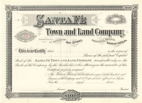 Santa Fe Town And Land Co Unissued Land Stock Certificate Branch Company Of The Atchison