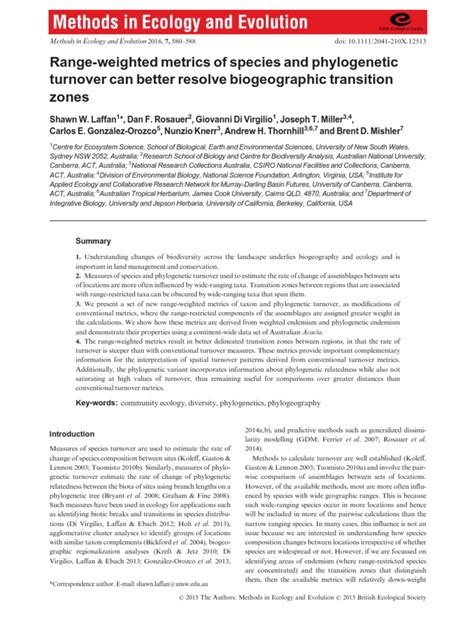 Methods Ecol Evol 2015 Laffan Range Weighted Metrics Of Species And Phylogenetic Turnover