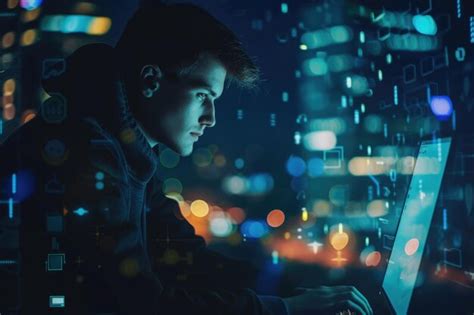 Premium Photo Internet Network Security Concept With Young Man In The Night