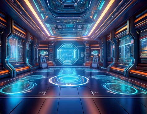 Futuristic 3d Room With Holographic Interfaces And Neon Lights Stock Image Image Of Innovative