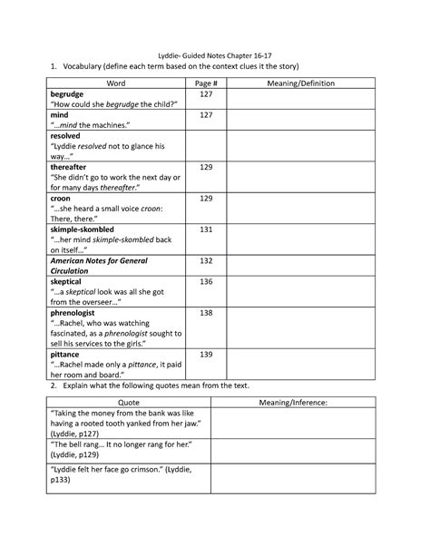 Lyddie Chapter 16 17 Guided Notes Lyddie Guided Notes Chapter 16 1 Vocabulary Define Each