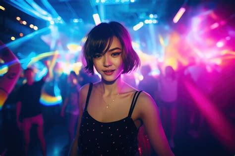 Portrait Of Young Beautiful Asian Woman Dancing In Night Club Premium