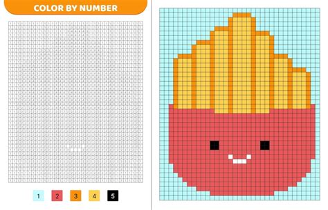 프랑스 감자 Squishmallow 숫자에 의해 색상 픽셀 색칠 책 번호 사각형 어린이용 게임 프리미엄 벡터