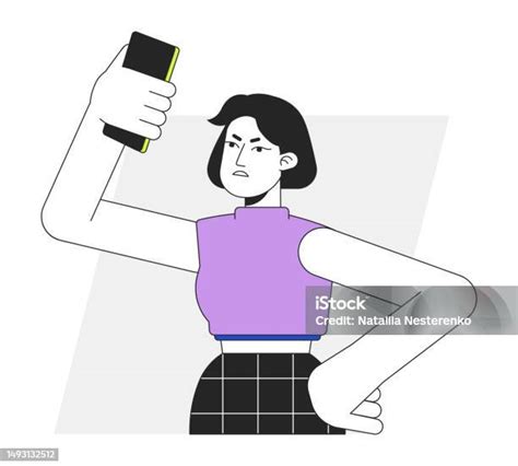 머리 위로 전화기를 올리는 불쾌한 여자 플랫 라인 벡터 스팟 일러스트레이션 2차 도형에 대한 스톡 벡터 아트 및 기타 이미지 2차 도형 개념 실재론 격노한 Istock