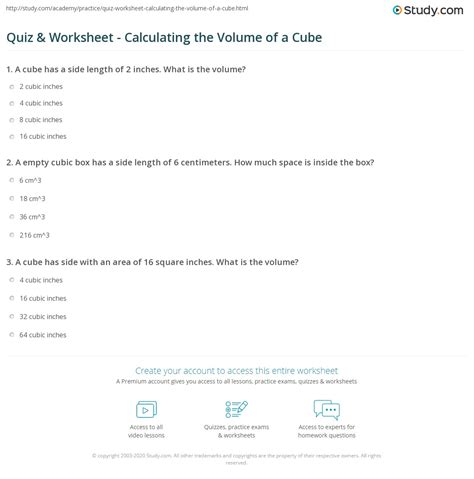 Quiz Worksheet Calculating The Volume Of A Cube Study
